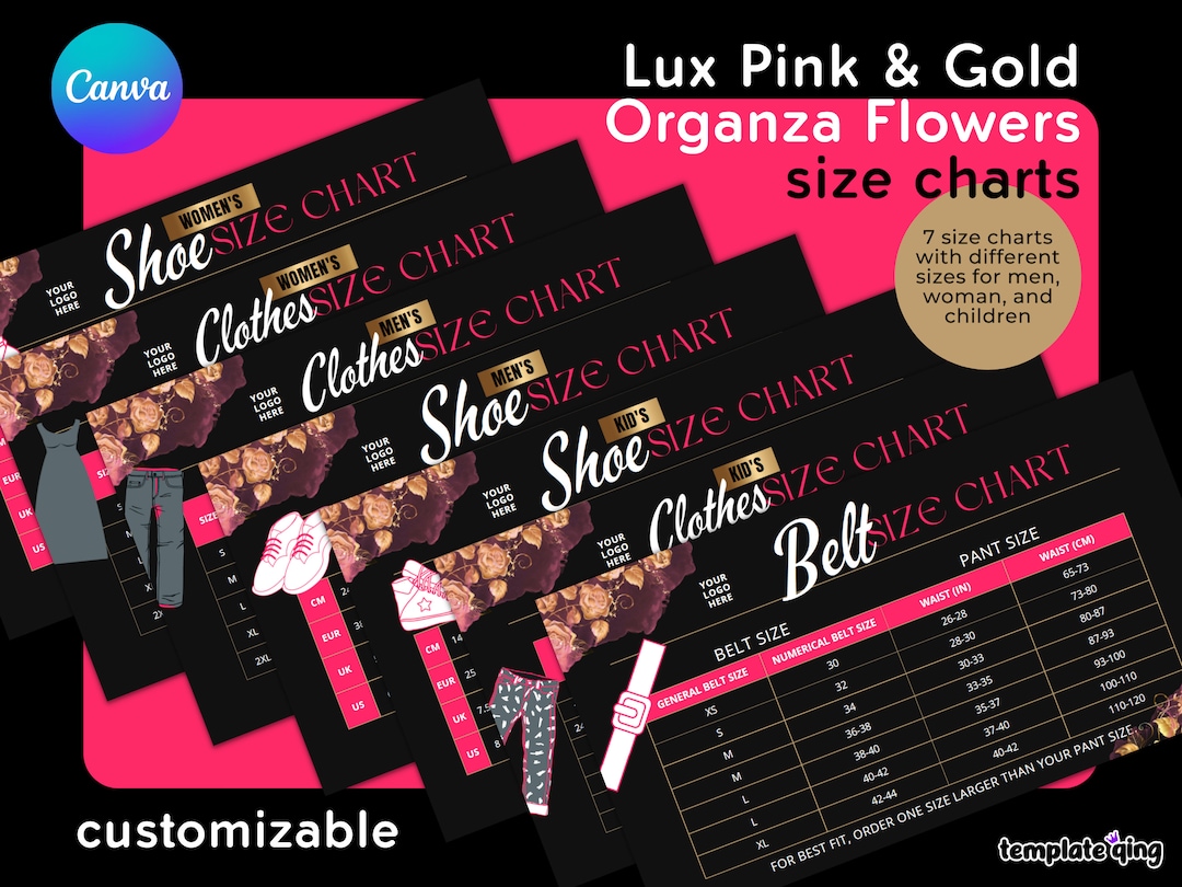 Pink & Gold Size Chart Templates | Clothing, Shoe, Belt (canva) - Etsy