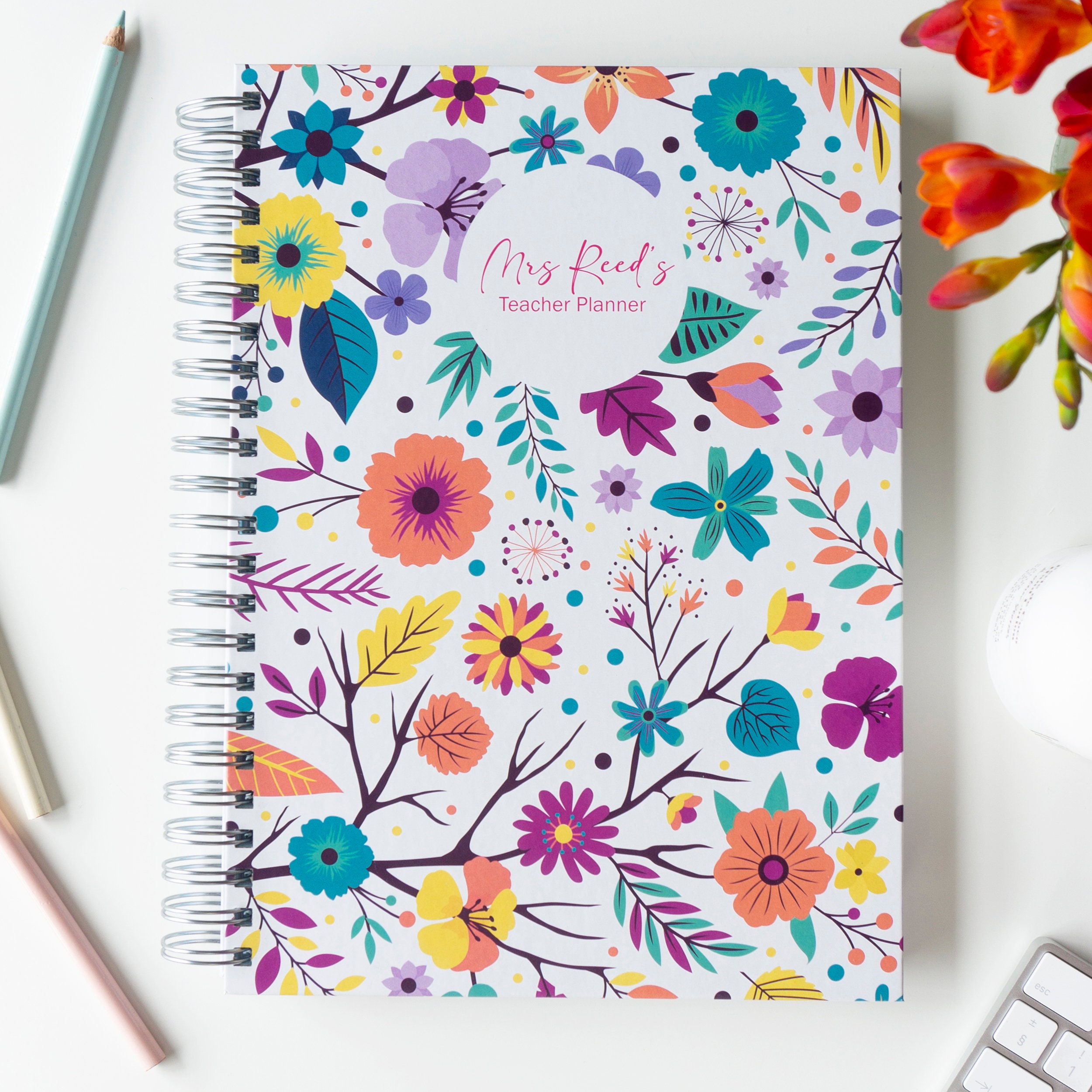 Personalised Teacher Planner / Lesson Planner 2026-27 - Bright Floral ...