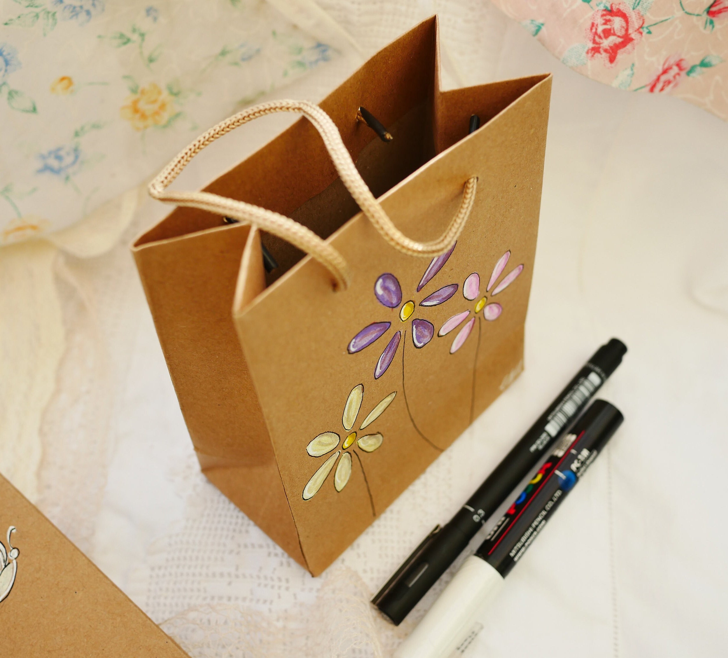 Small Gift Bag, Hand Decorated With Flowers on Recycled Kraft Paper. - Etsy