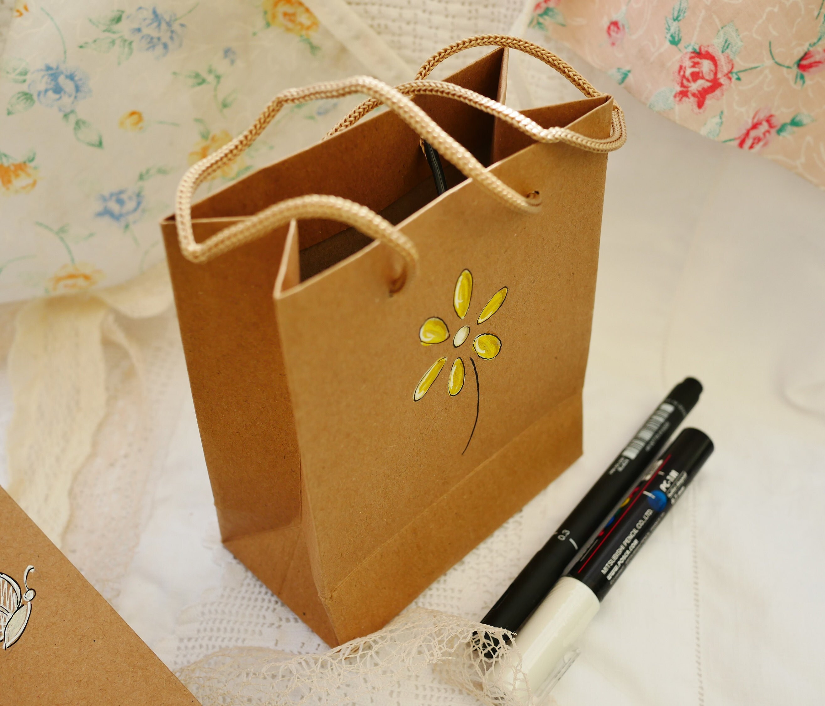 Small Gift Bag, Hand Decorated With Flowers on Recycled Kraft Paper. - Etsy