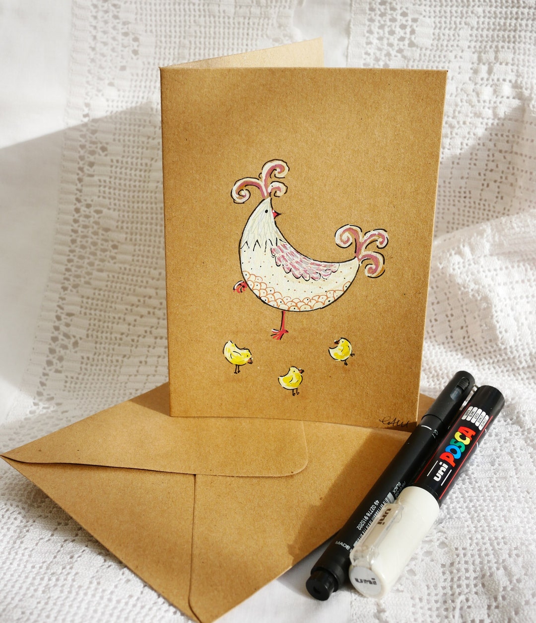 Hand-drawn Hen & Chicks Card: Folk Art Greetings on Kraft - Etsy