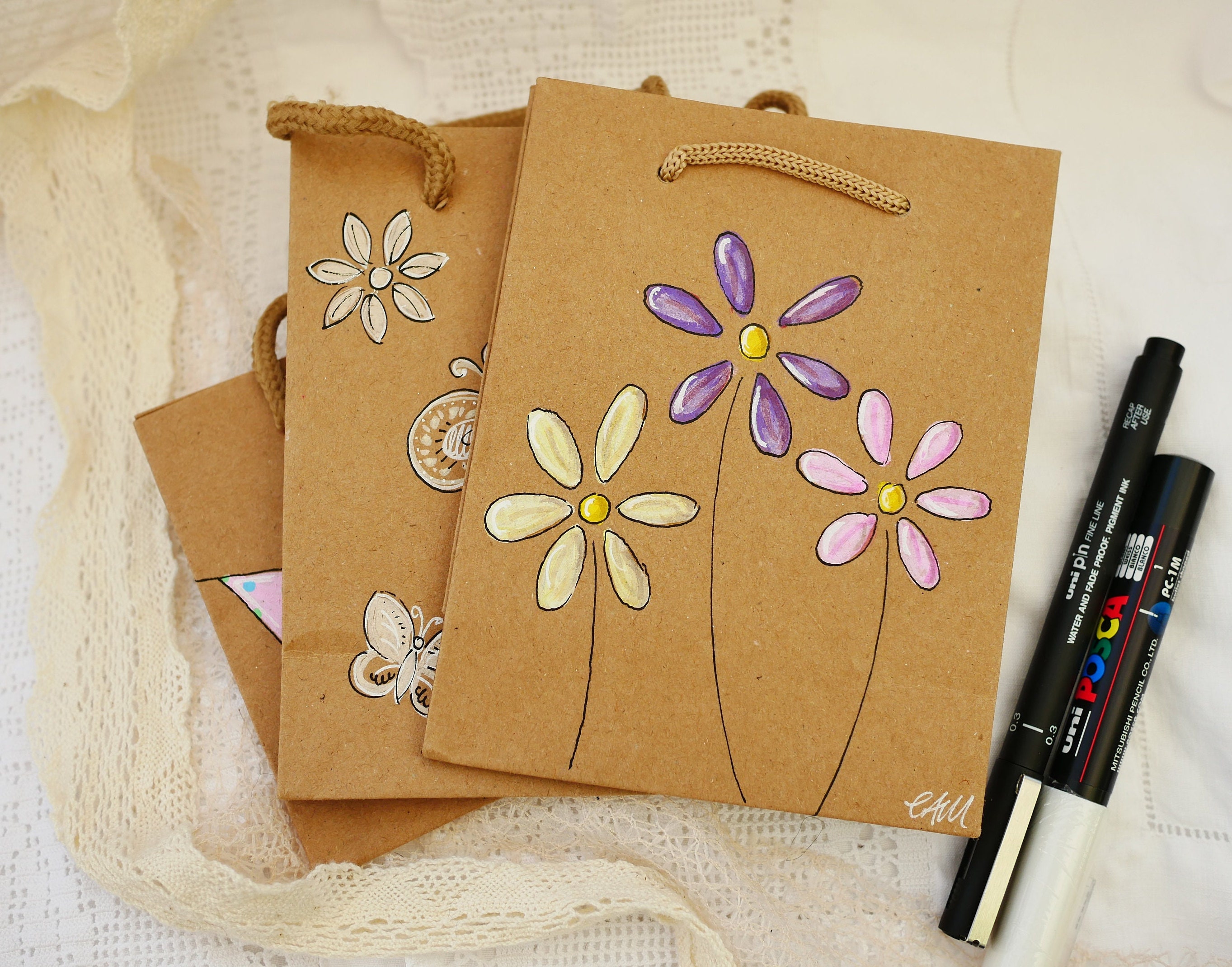 Small Gift Bag, Hand Decorated With Flowers on Recycled Kraft Paper. - Etsy
