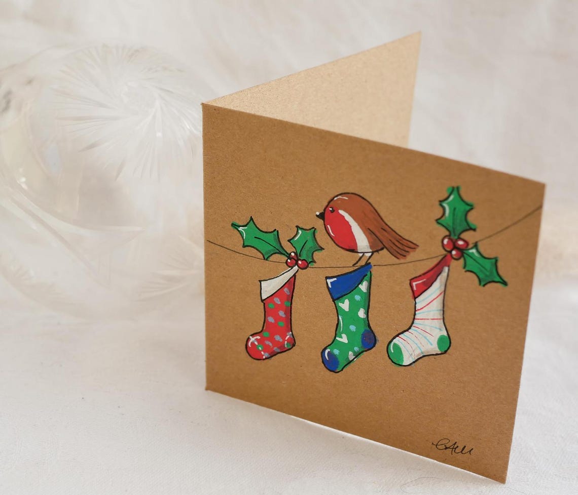 Hand Drawn Christmas Card - Robin With Christmas Stockings and Holly ...
