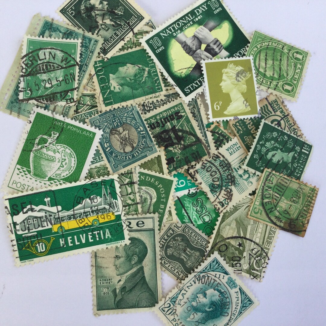 Vintage Green Postage Stamps, 50 Used Stamps, Junk Journal ...