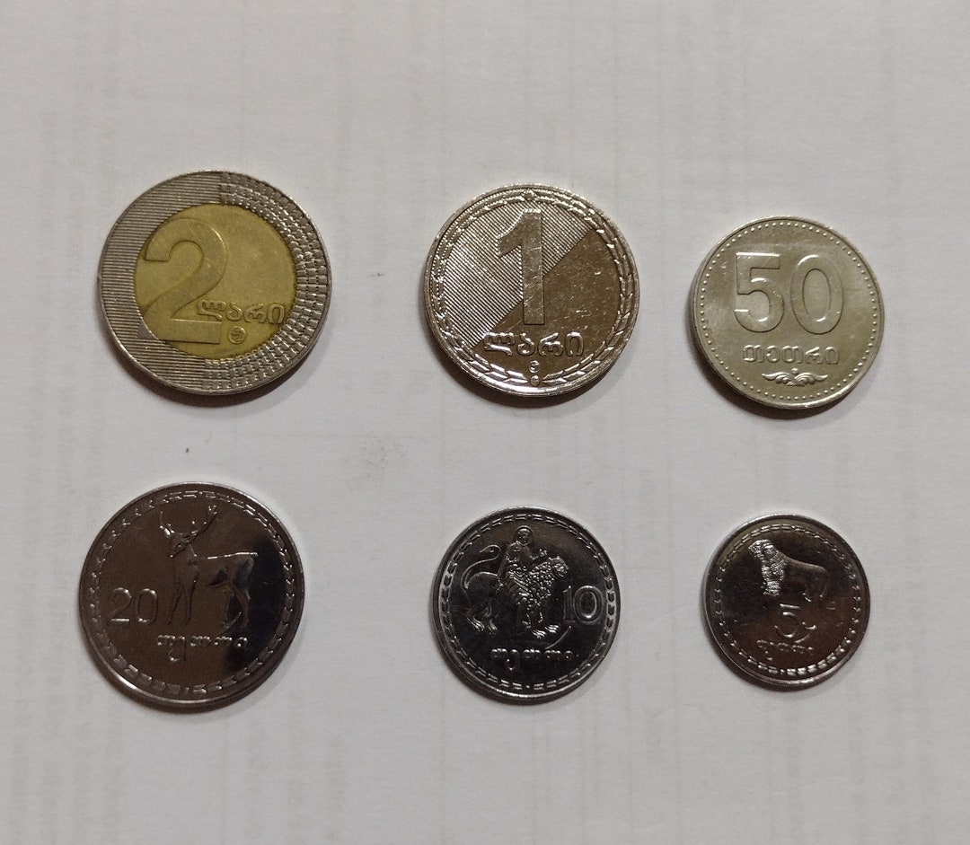 Set of Georgian Coins 6 Pieces, 2, 1 Lari 50, 20, 10, 5 Tetri. Fauna ...