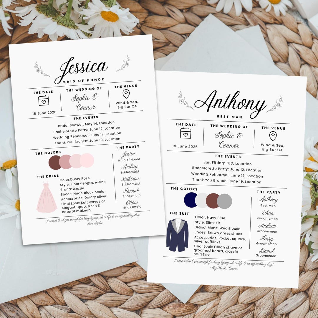 Bridal Party Information Card Template | Maid of Honor Info Card ...