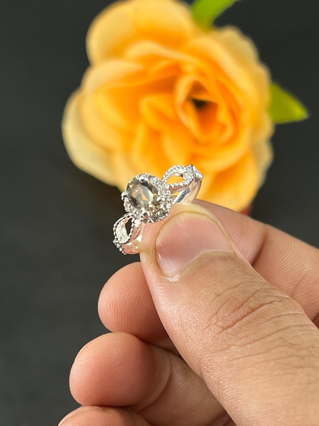 Smoky Quartz Ring, Oval Cut Brown Gems Ring, White Gold Halo Engagement ...