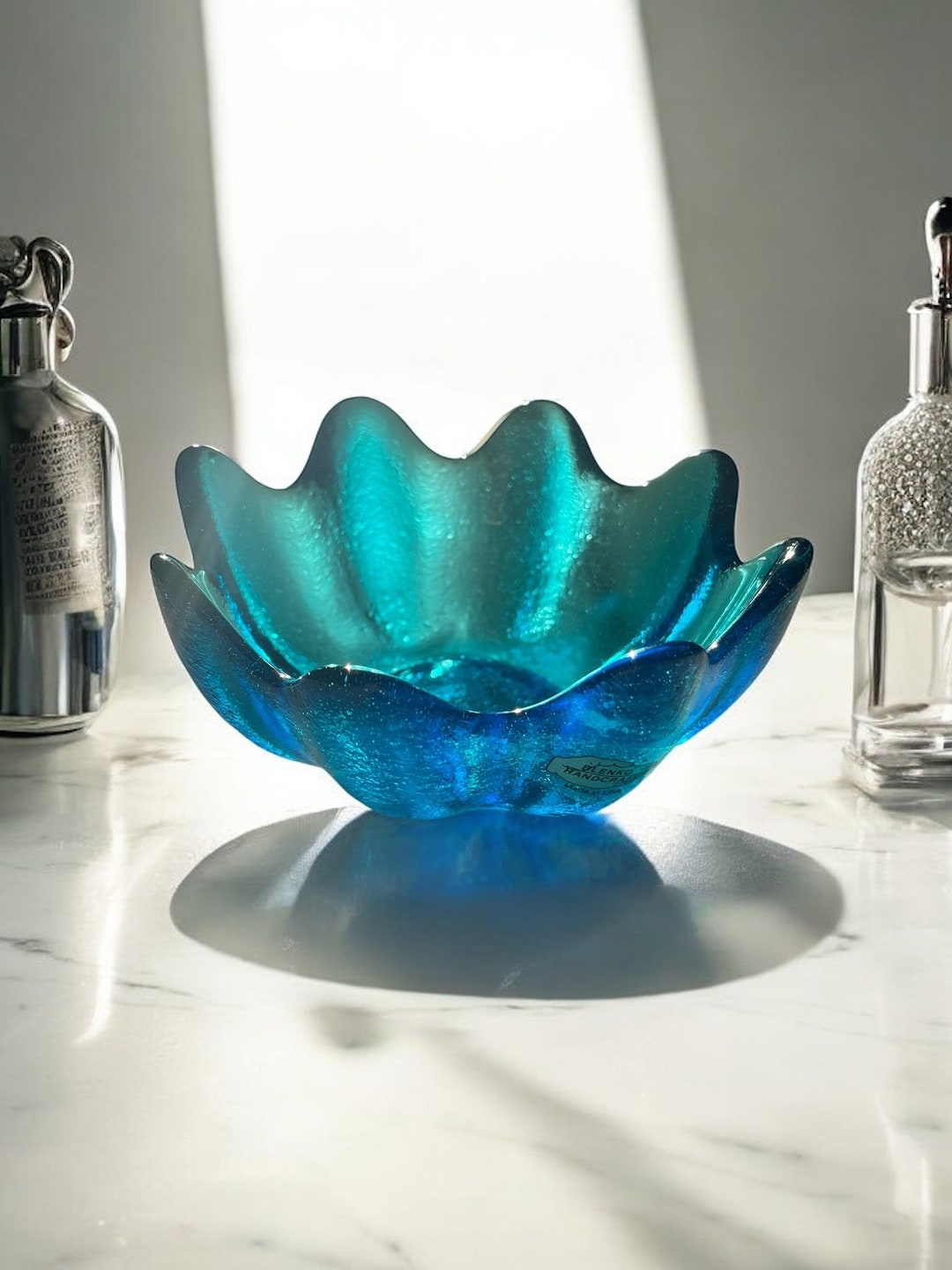 BLENKO Blue Glass Lotus Flower Bowl Hand Blown Art Glass. Vintage, Mid ...