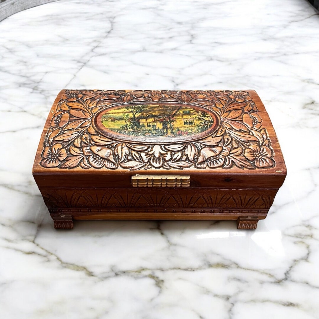 Vintage Cedar Wood Carved Jewelry Box With Decoupage Cottage Scene - Etsy
