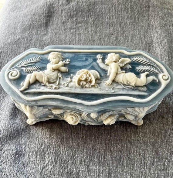 Vintage Genuine Incolay Stone Jewelry Box White Eagle… - Gem