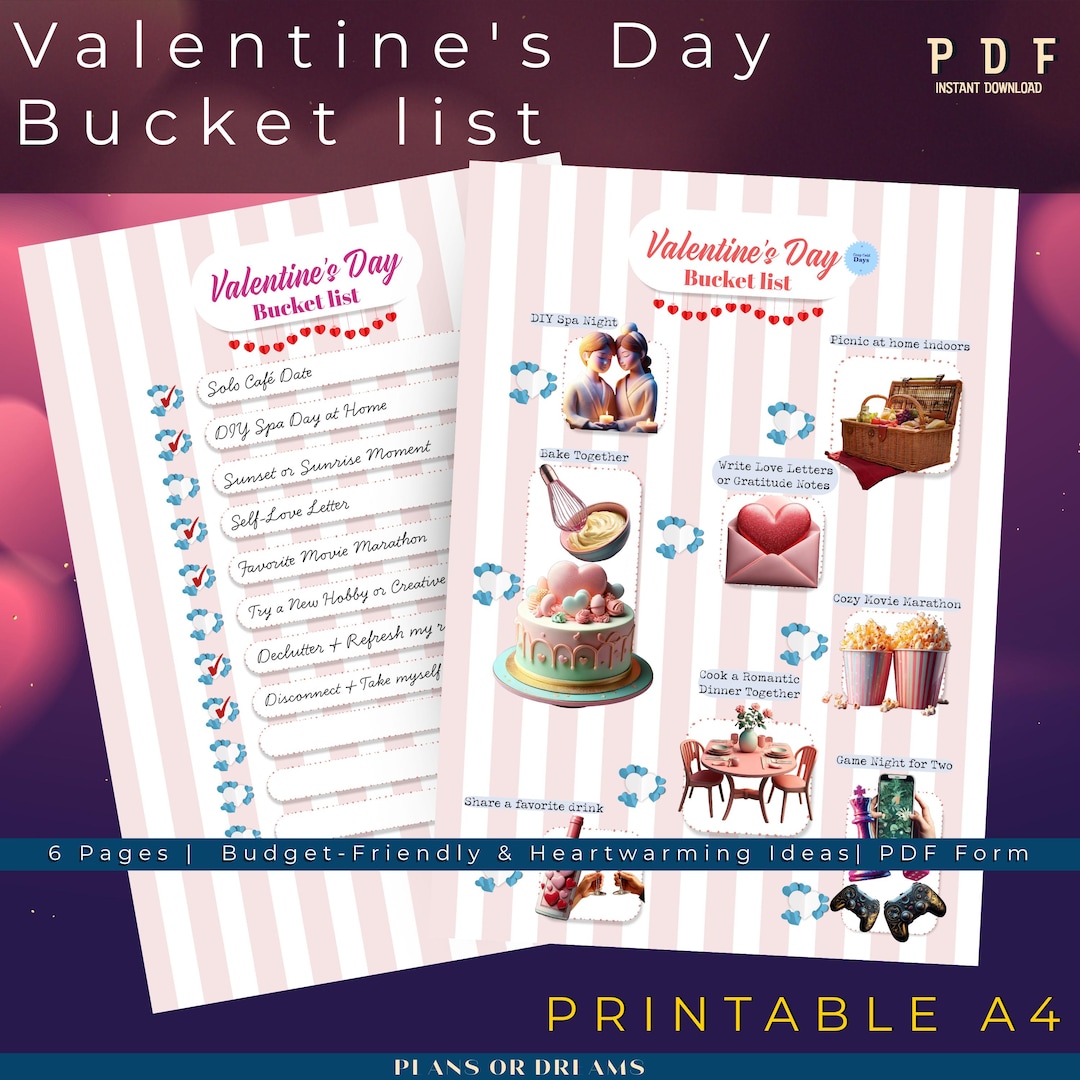 Valentine’s Day Bucket List Printable | to Do List & Activities | Solo ...