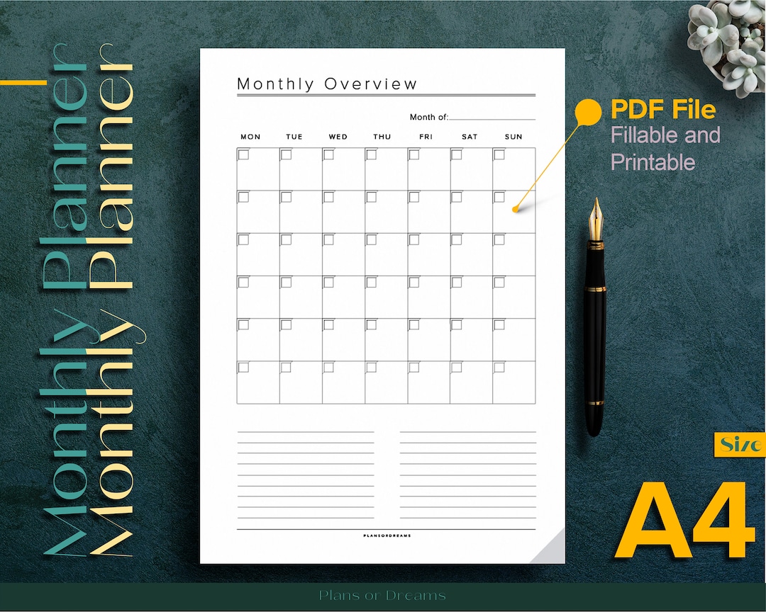 A4 Monthly Planner - Printable, Monthly Overview, Schedule Planner ...