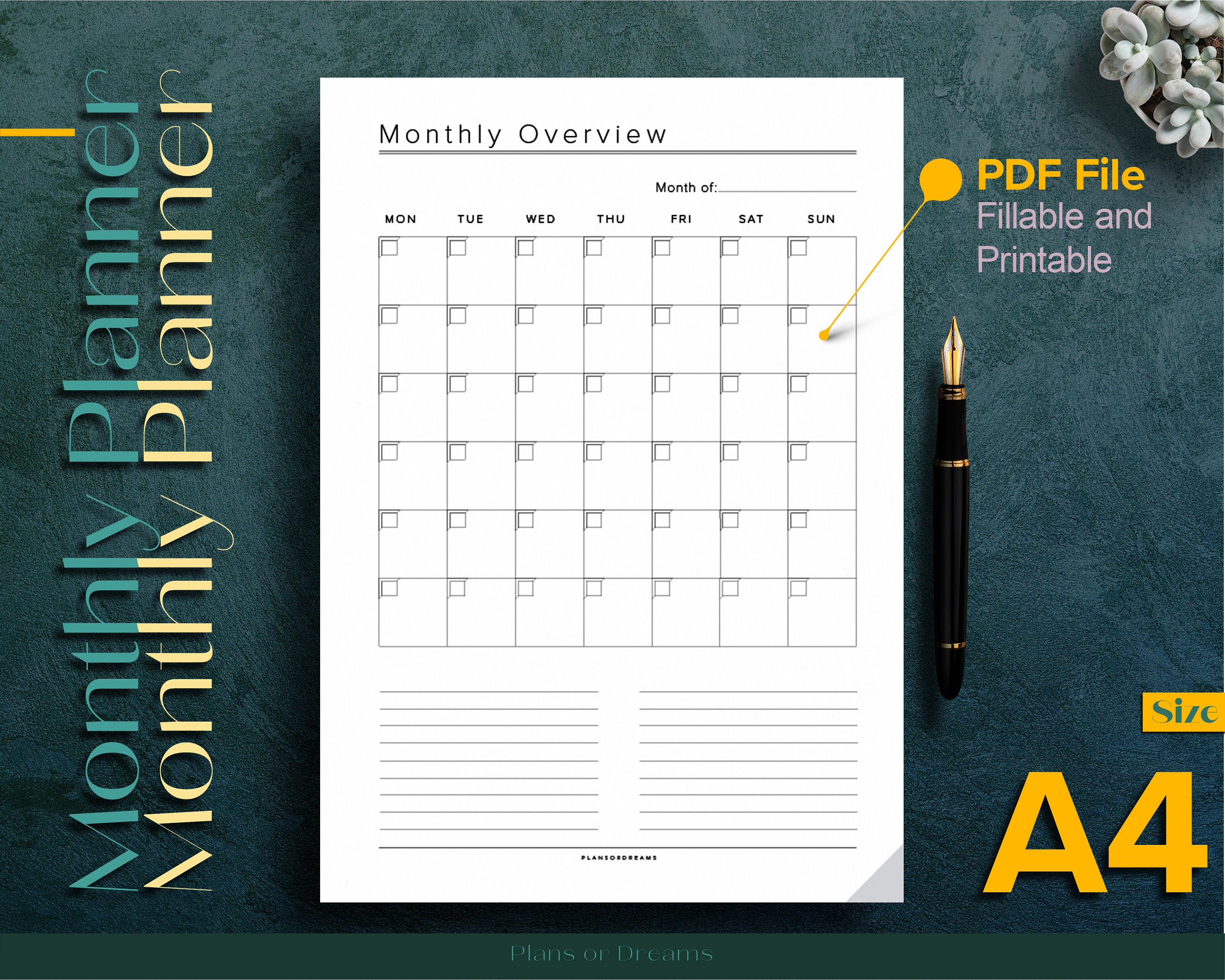 A4 Monthly Planner - Printable, Monthly Overview, Schedule Planner ...