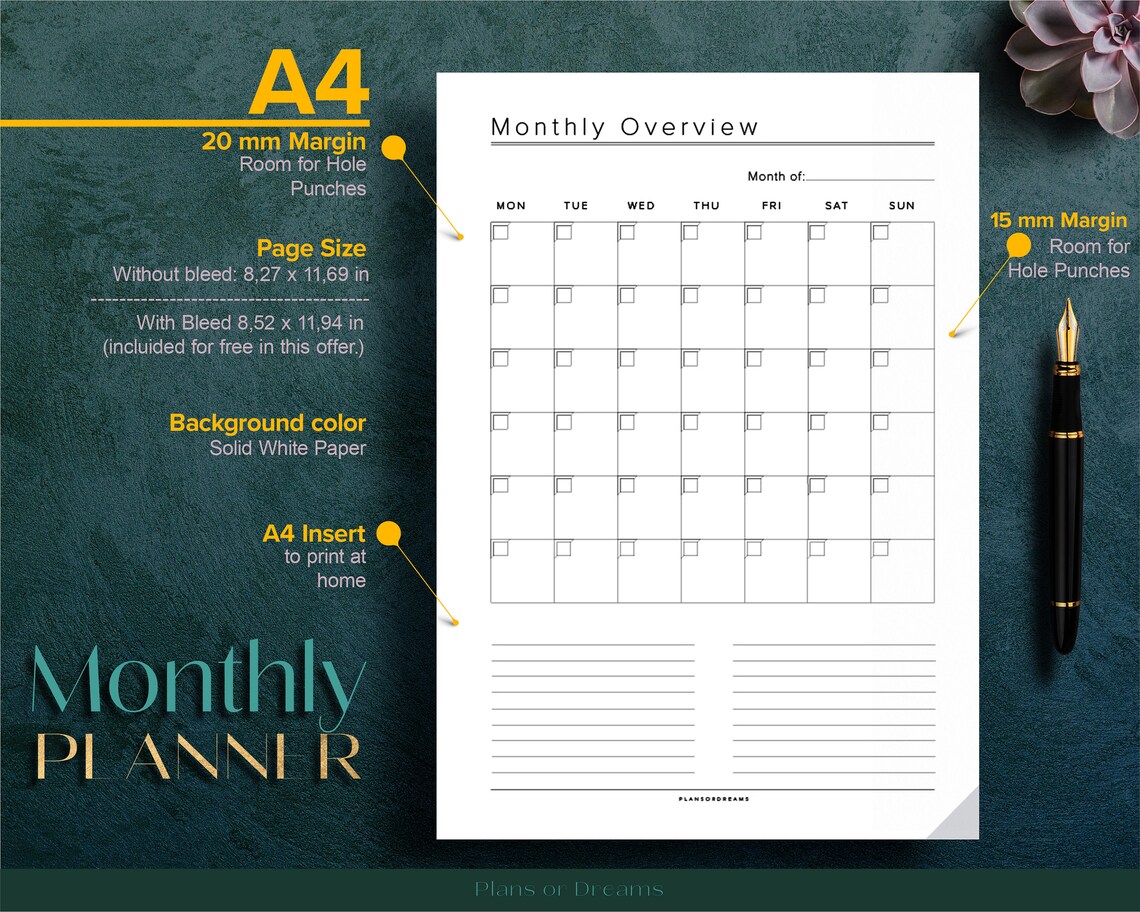 A4 Monthly Planner - Printable, Monthly Overview, Schedule Planner ...