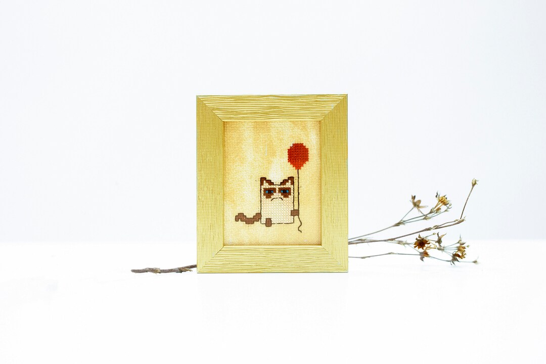 Cross-stitch Grumpy Cat With Balloon Finished Complete With Frame - Etsy