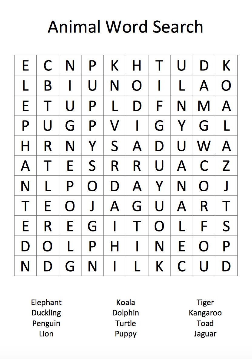 A4 Animal Word Search Printable - Etsy