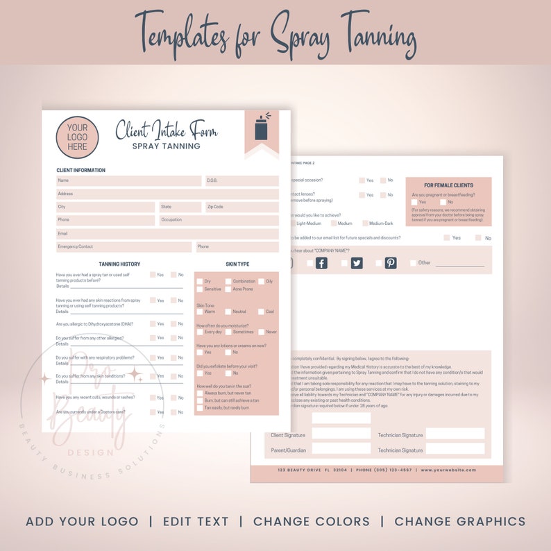 Editable Spray Tanning Business Forms, Spray Tan Templates for ...