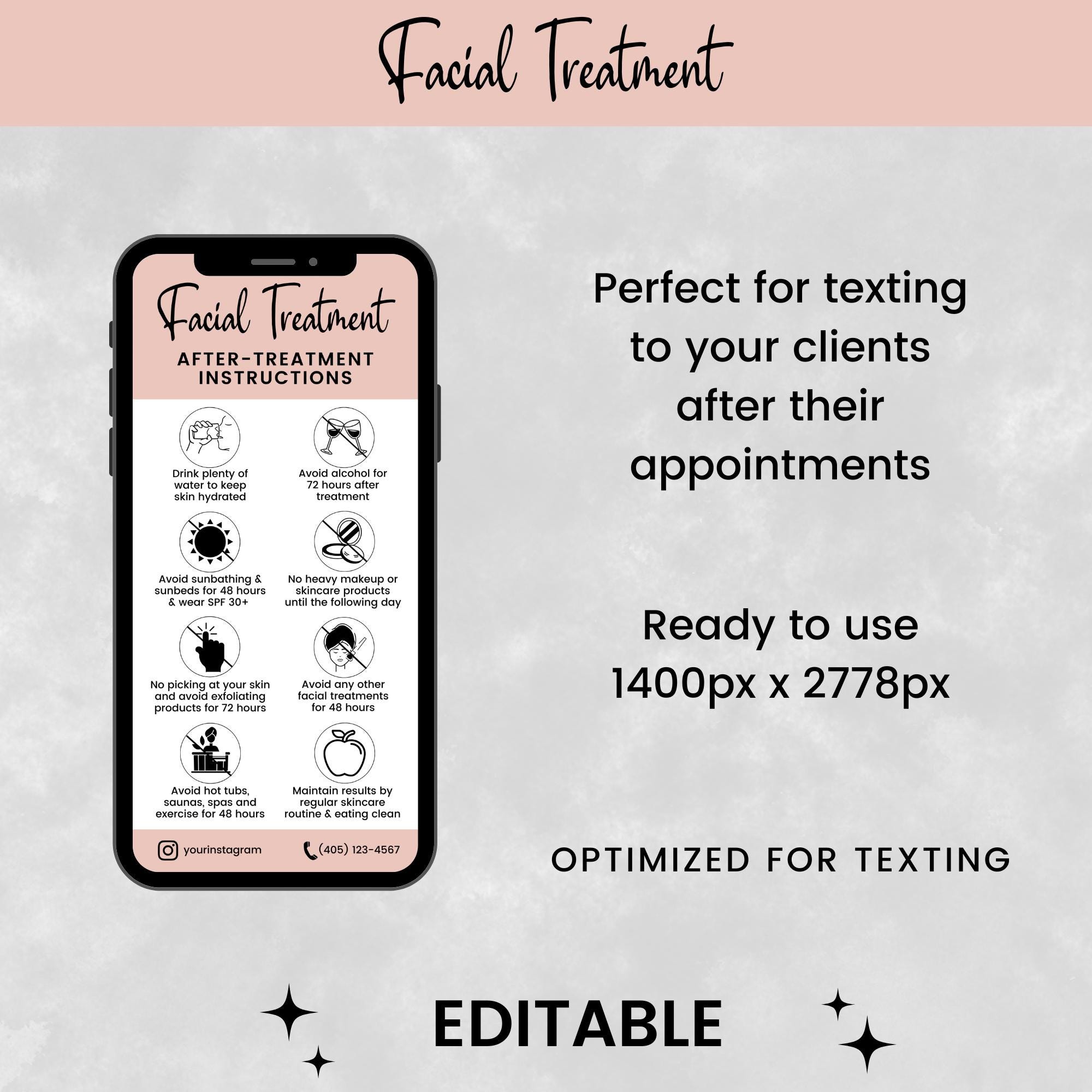 Digital Facial Treatment Precare and Aftercare Cards, Textable Facial ...