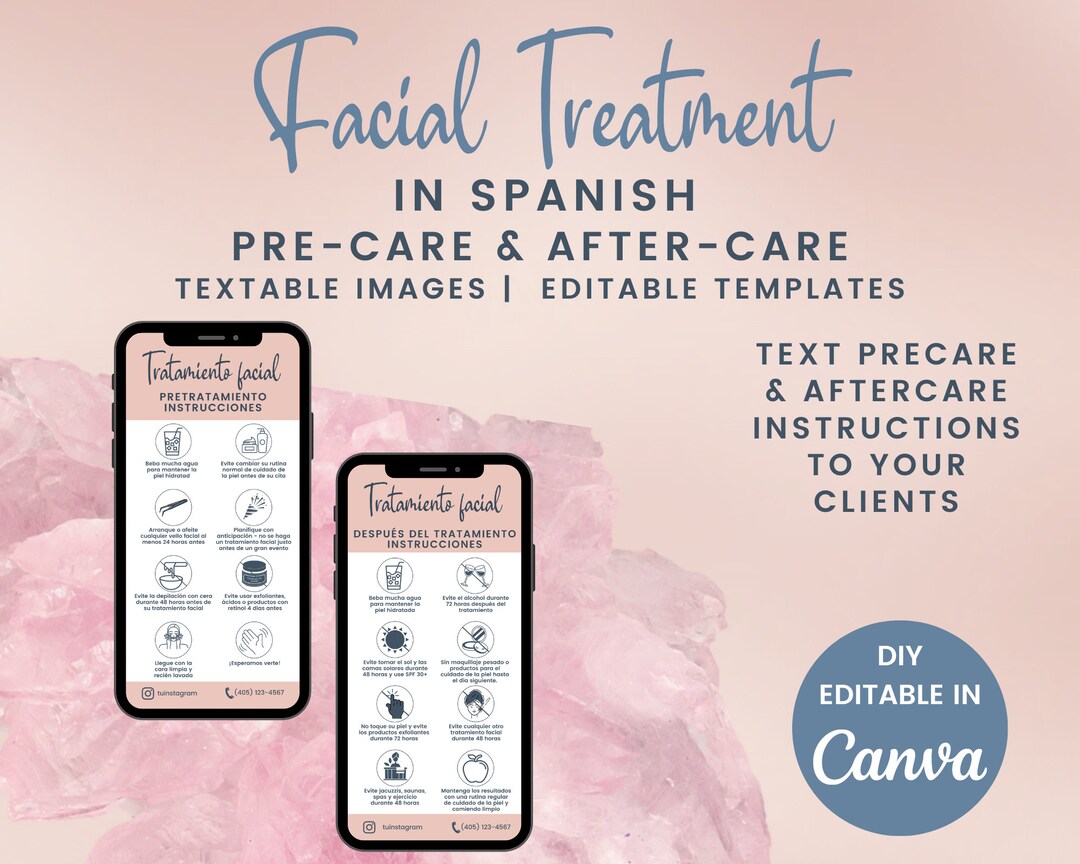 SPANISH Digital Facial Treatment Precare and Aftercare Cards, Textable ...