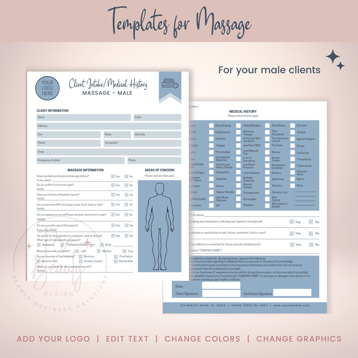Editable Massage Therapy Intake Forms for Males, Client Intake Business ...