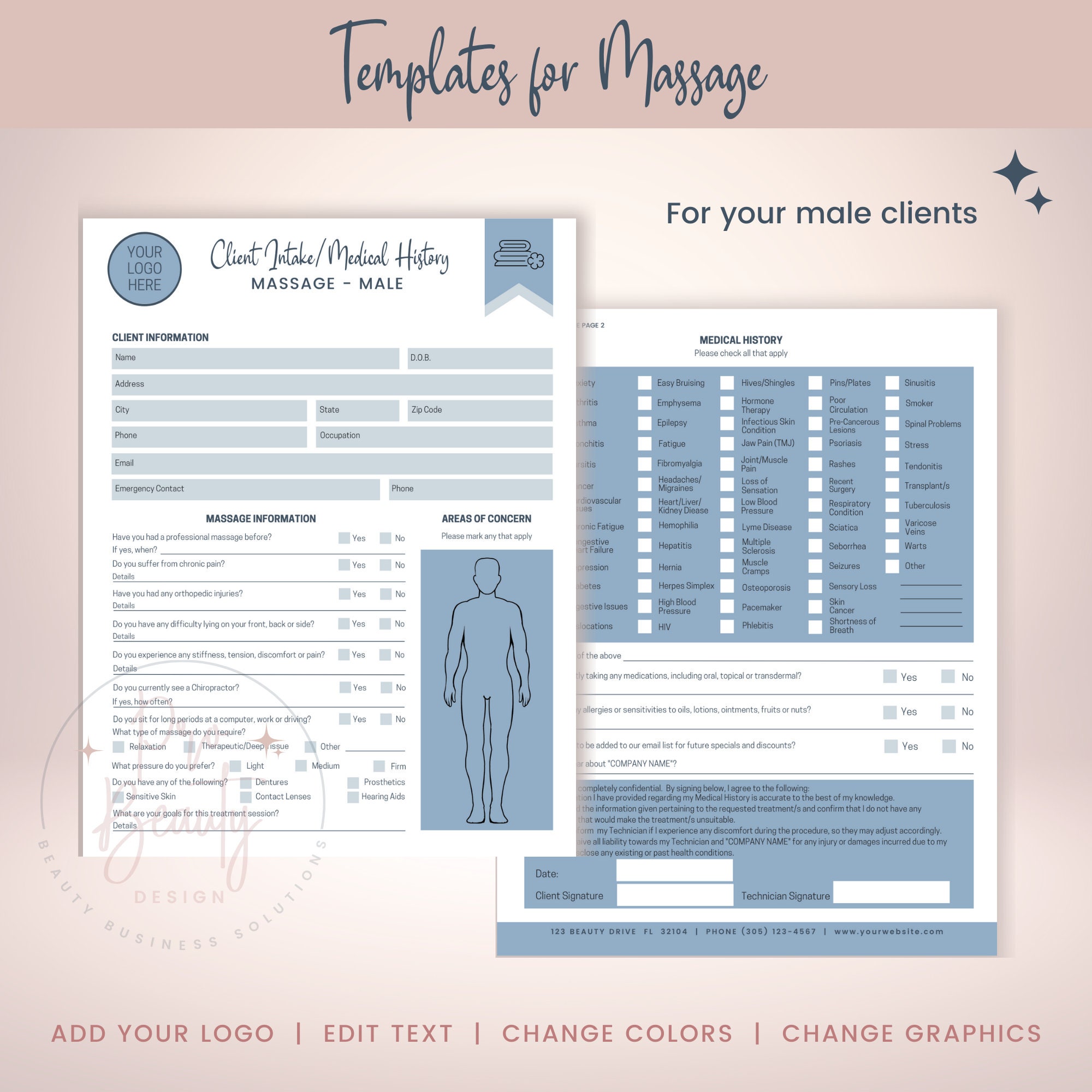 Editable Massage Therapy Intake Forms for Males, Client Intake Business ...