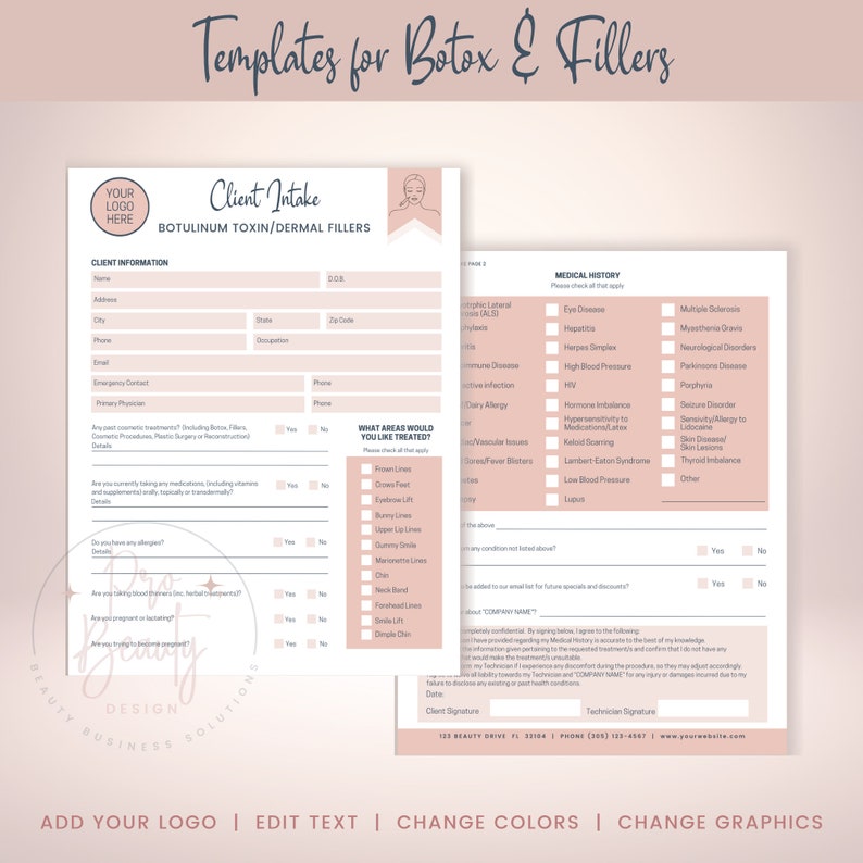 Editable Botulinum Toxin and Dermal Filler Intake Forms, Botox Client ...