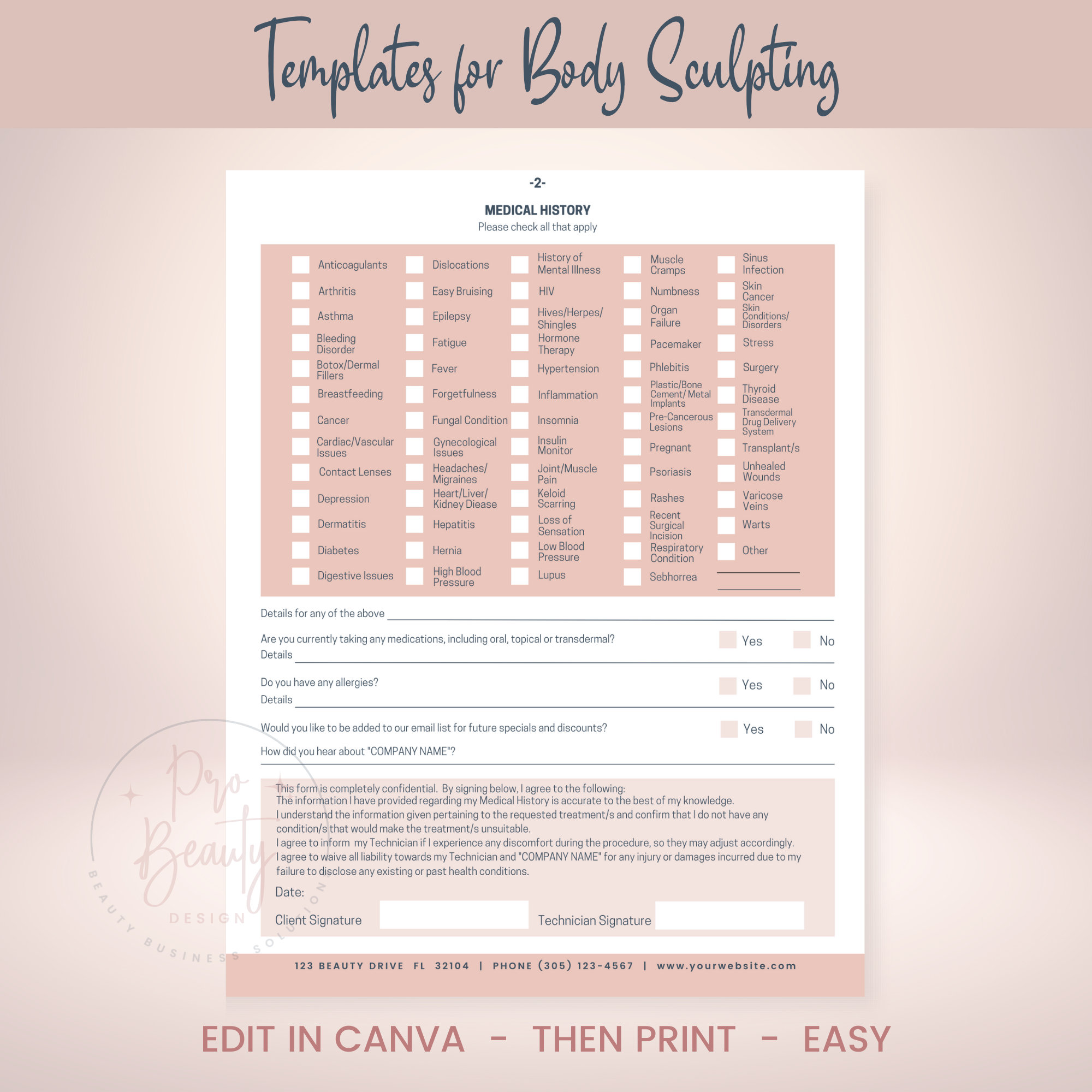 Editable Body Sculpting Client Intake Forms, Esthetician Template for ...