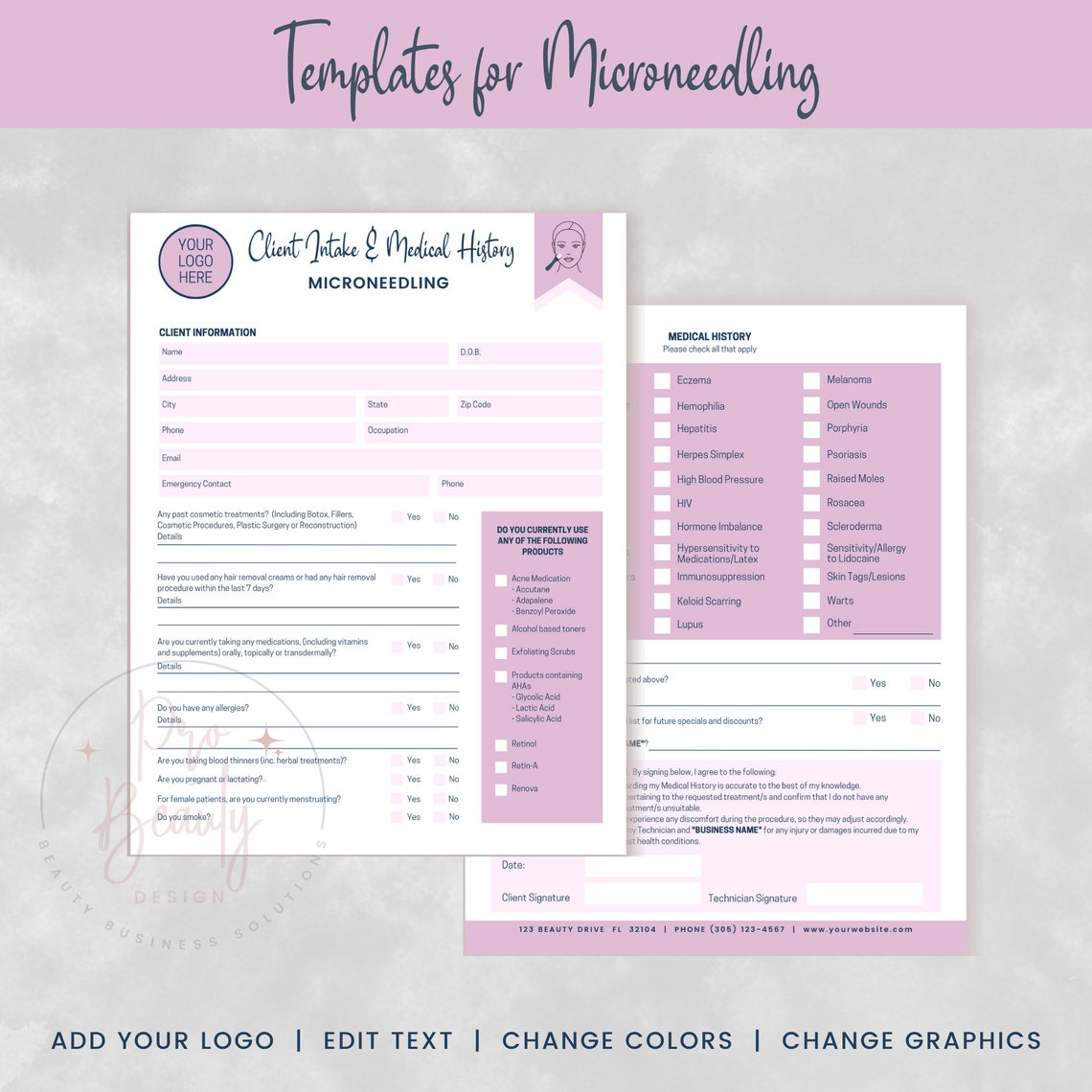 Microneedling Business Form Templates for Estheticians, Editable ...