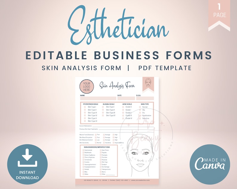 Editable Skin Analysis Form Template for Estheticians, Printable Skin ...