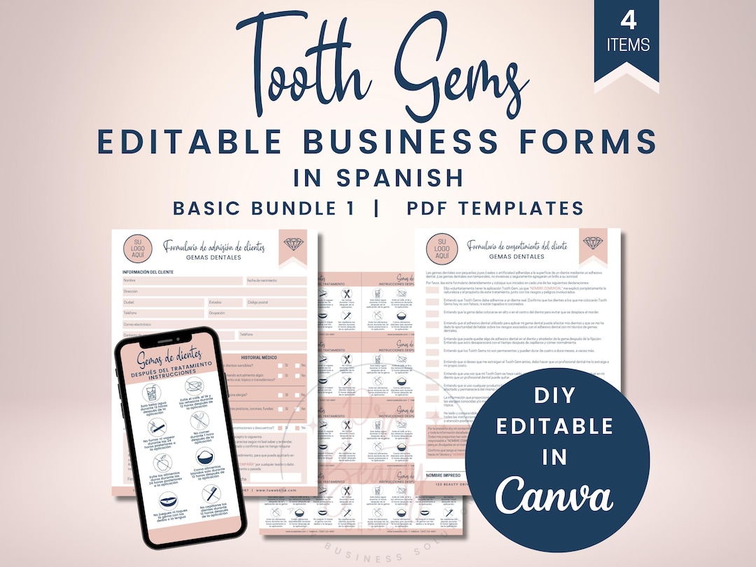 SPANISH Tooth Gem Business Forms, Tooth Jewel Intake and Client Consent ...