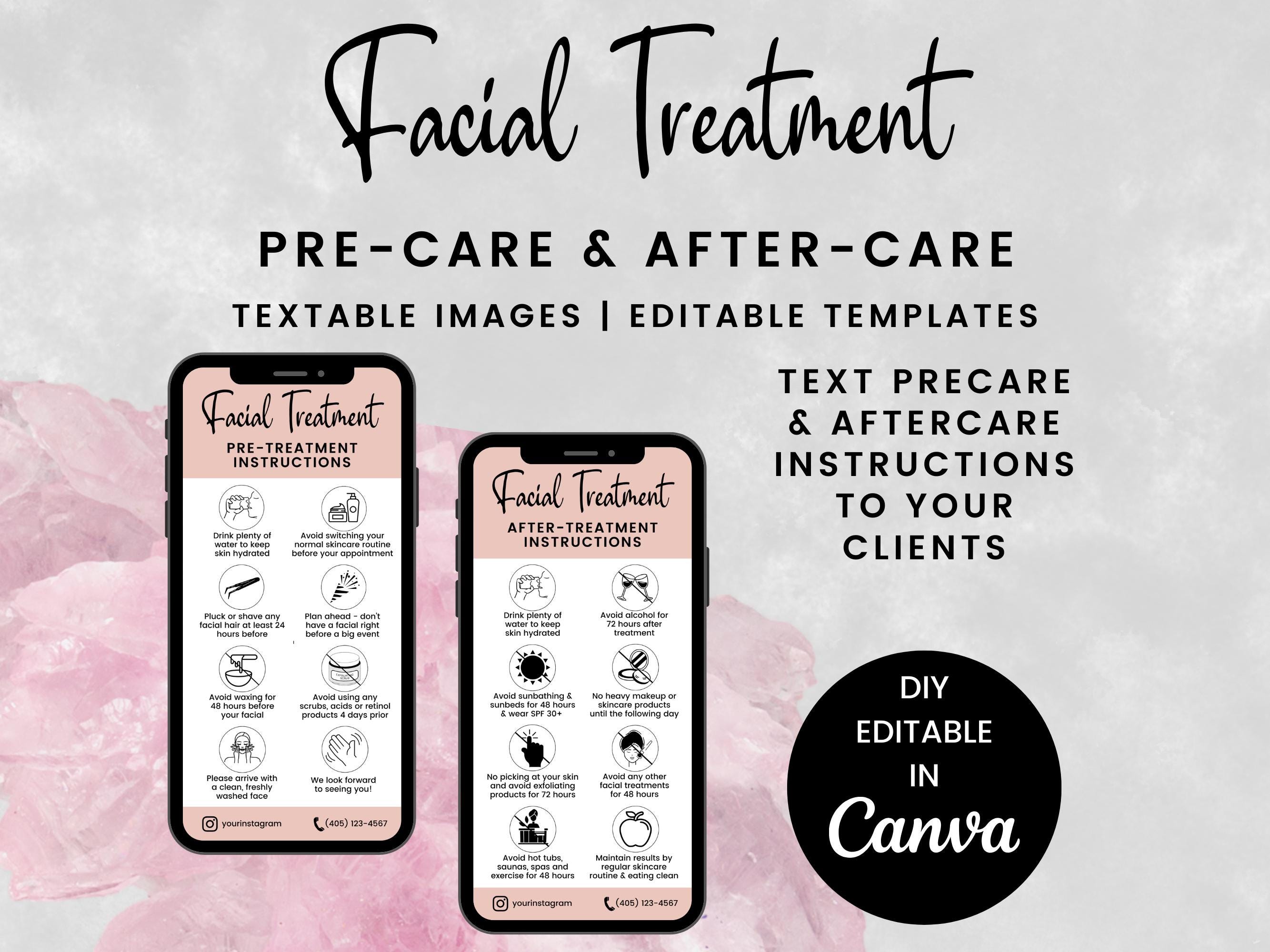 Digital Facial Treatment Precare and Aftercare Cards, Textable Facial ...