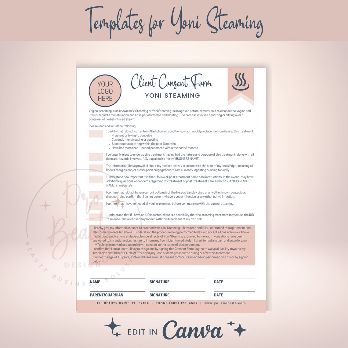 Yoni Steam Client Intake and Consent Forms, Editable Vaginal Steaming ...