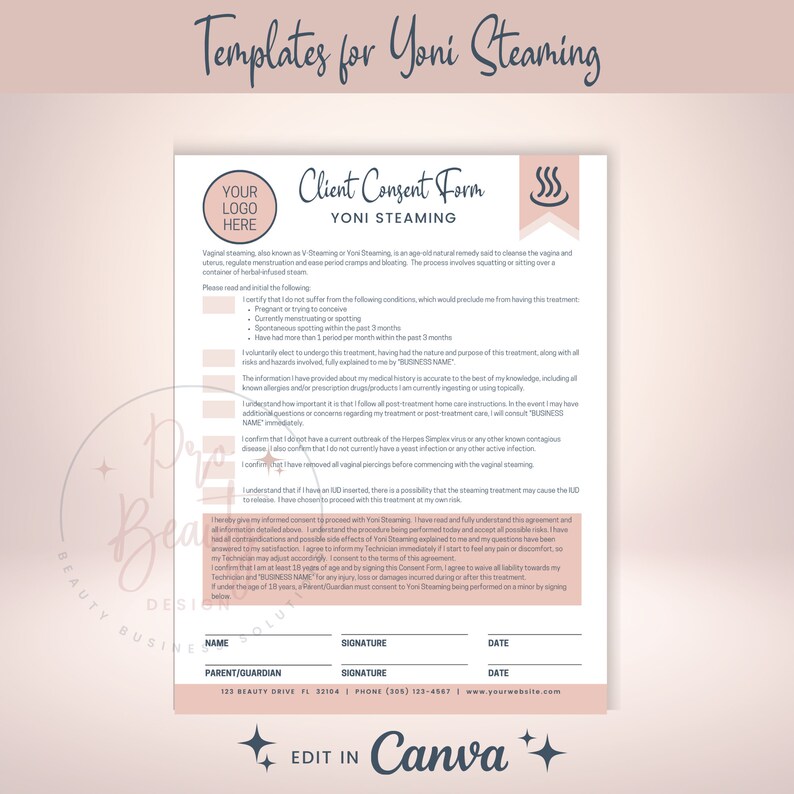 Yoni Steam Client Intake and Consent Forms, Editable Vaginal Steaming ...