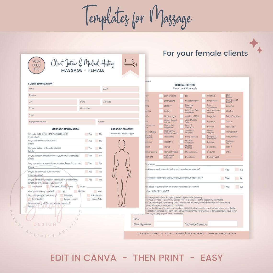 Editable Massage Therapy Intake Forms for Females, Client Intake ...