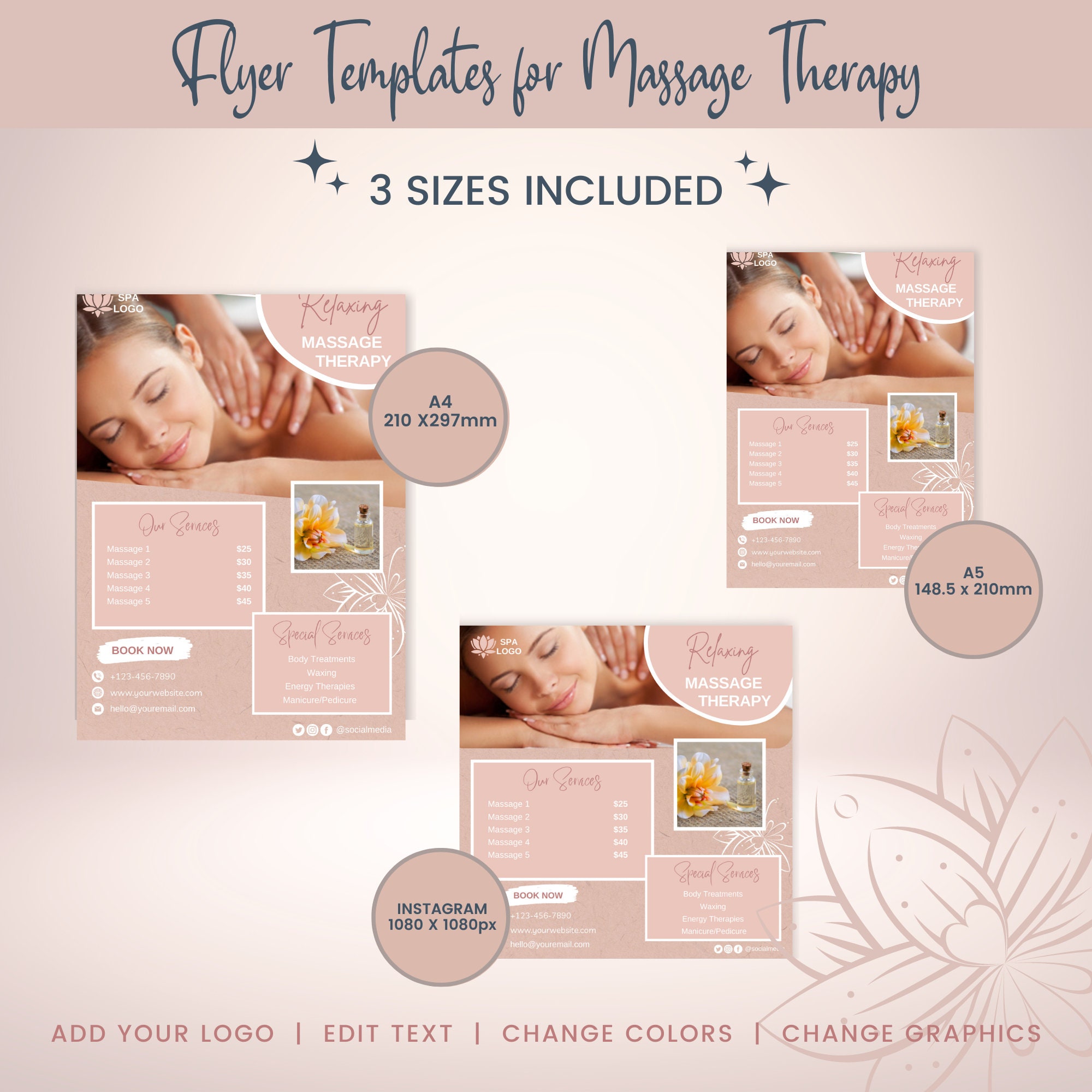 Editable Massage Therapy Flyer Pack, Printable Massage Flyers A4 and A5 ...