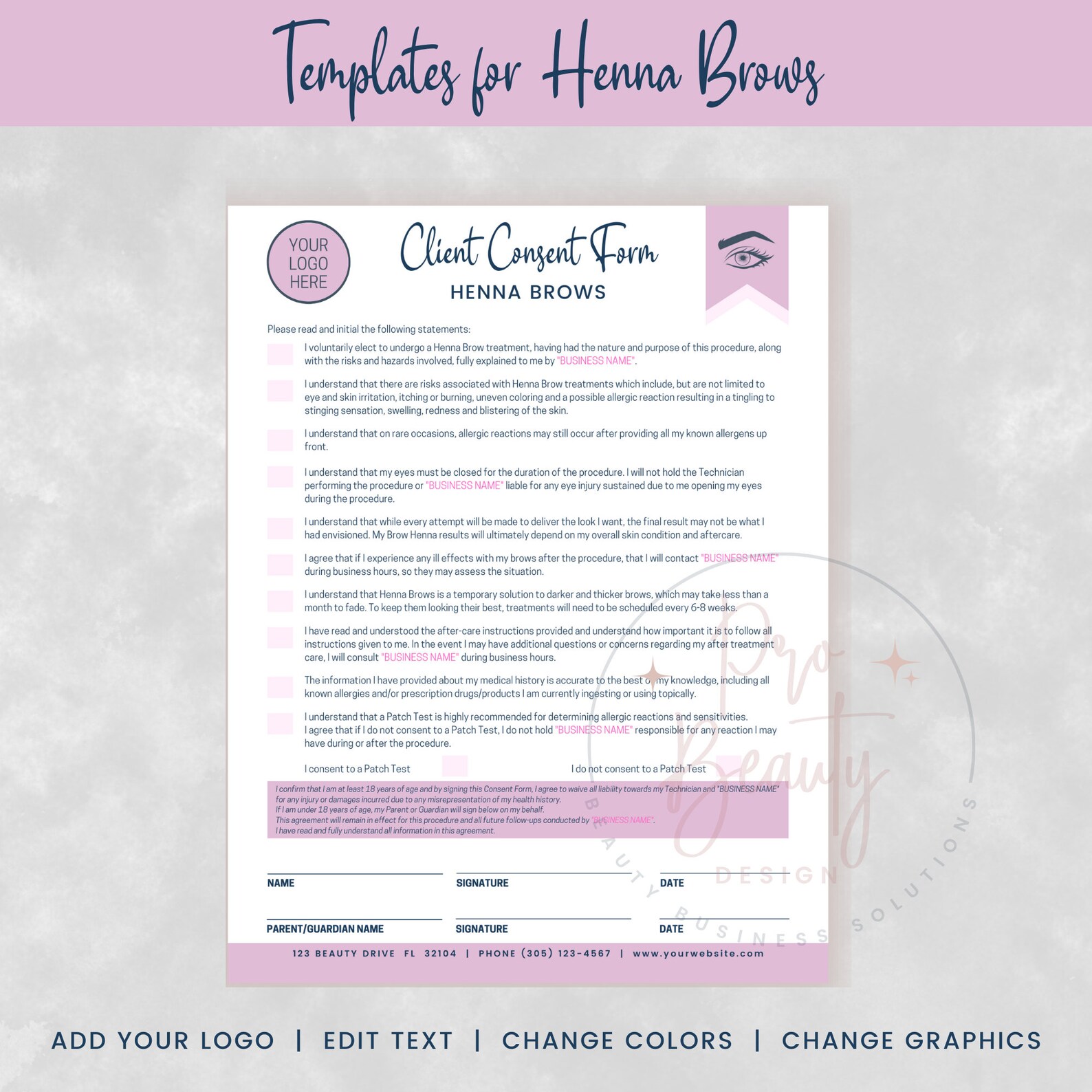 Editable Henna Brows Client Intake Form, Brow Tint Consent Form ...