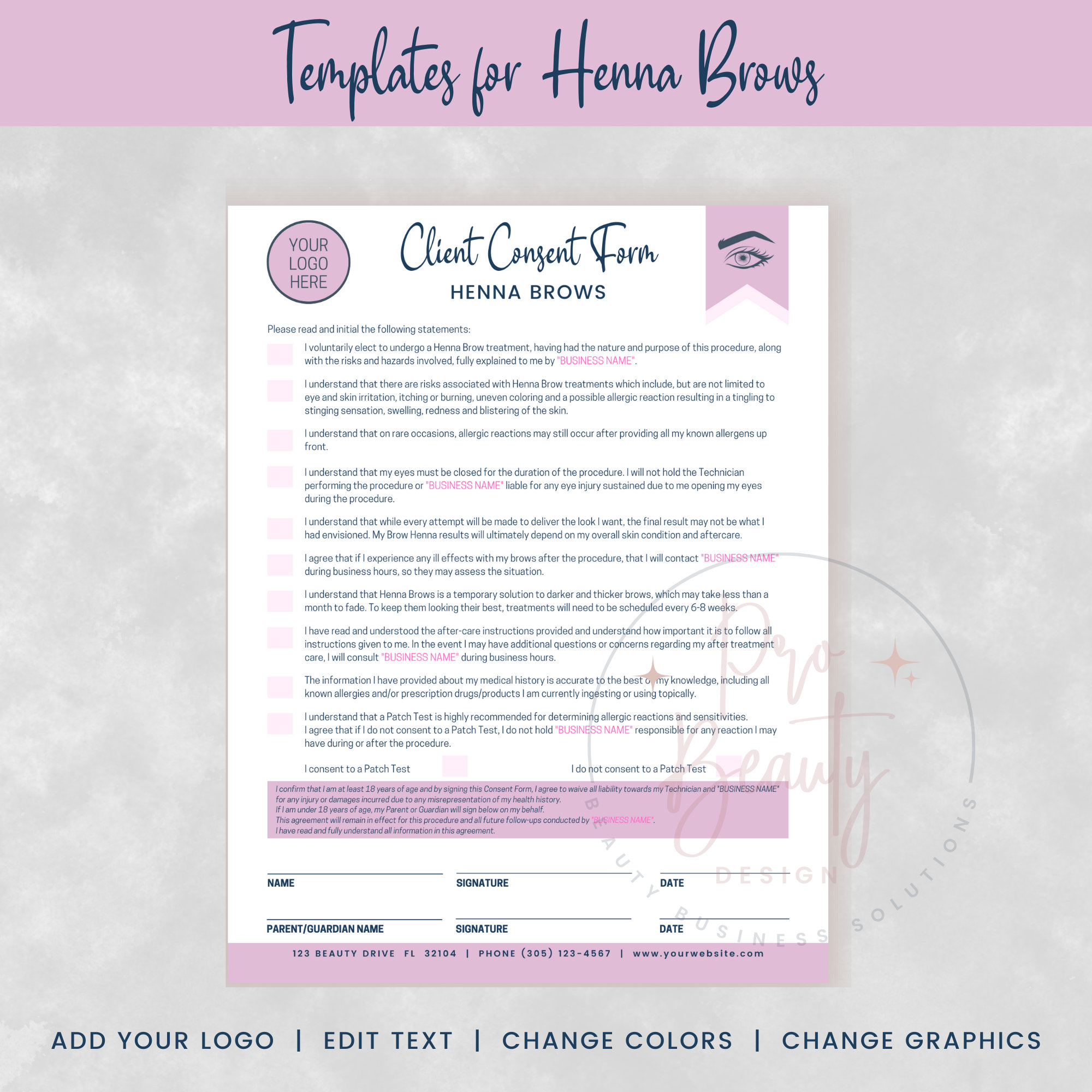 Editable Henna Brows Client Intake Form, Brow Tint Consent Form ...