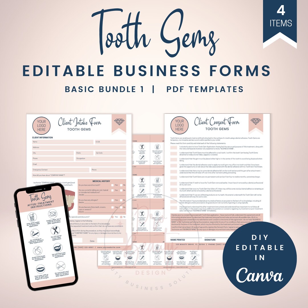 Editable Tooth Gem Client Intake Forms, Tooth Jewel Client Consent Form ...