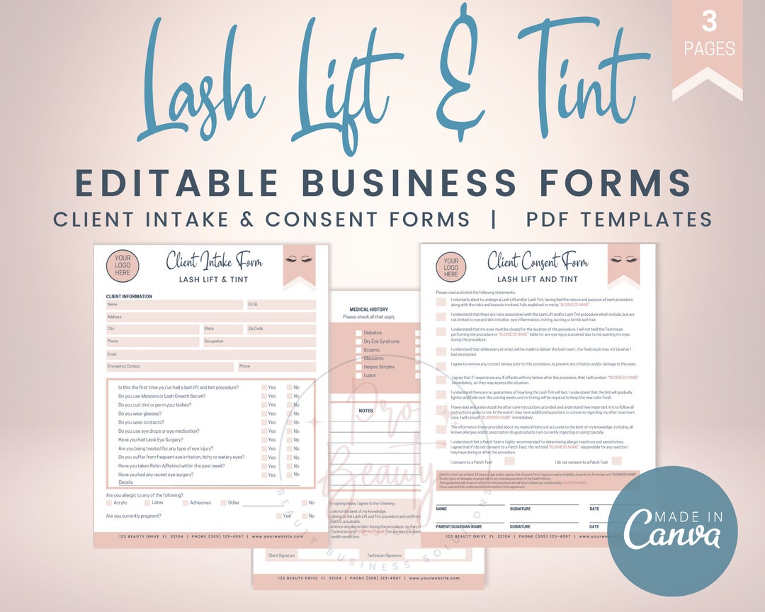 Lash Lift and Tint Forms, Editable Eyelash Tinting Consultation and ...