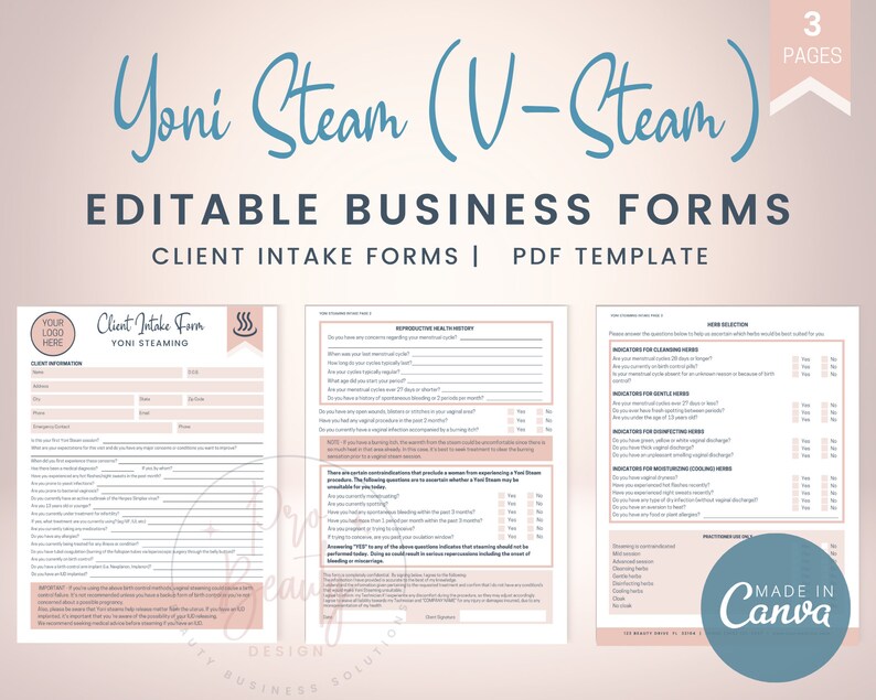 Yoni Steam Client Intake Forms, Editable Vaginal Steaming Consultation ...