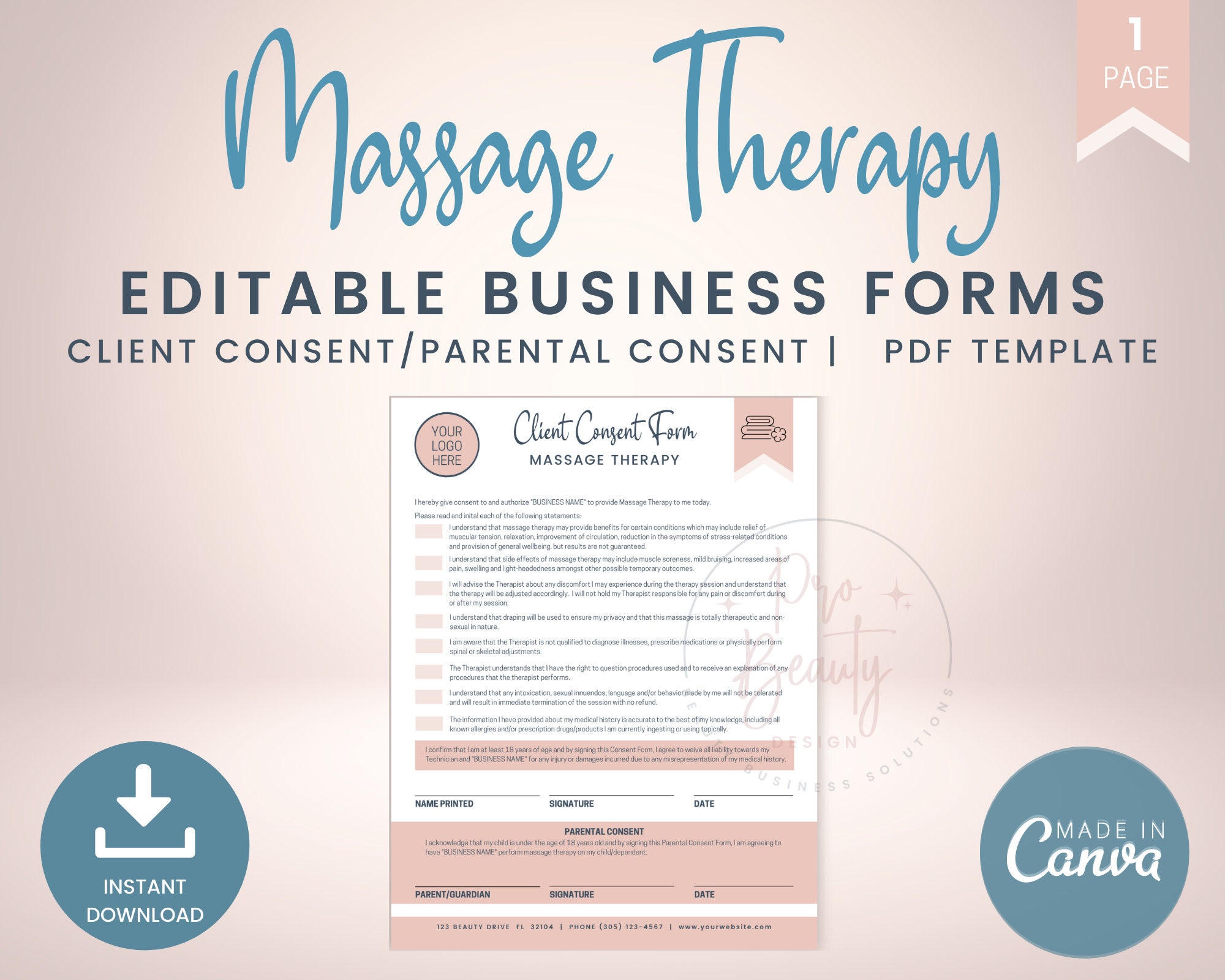 Editable Massage Therapy Consent Form, Massage Therapy Therapist ...