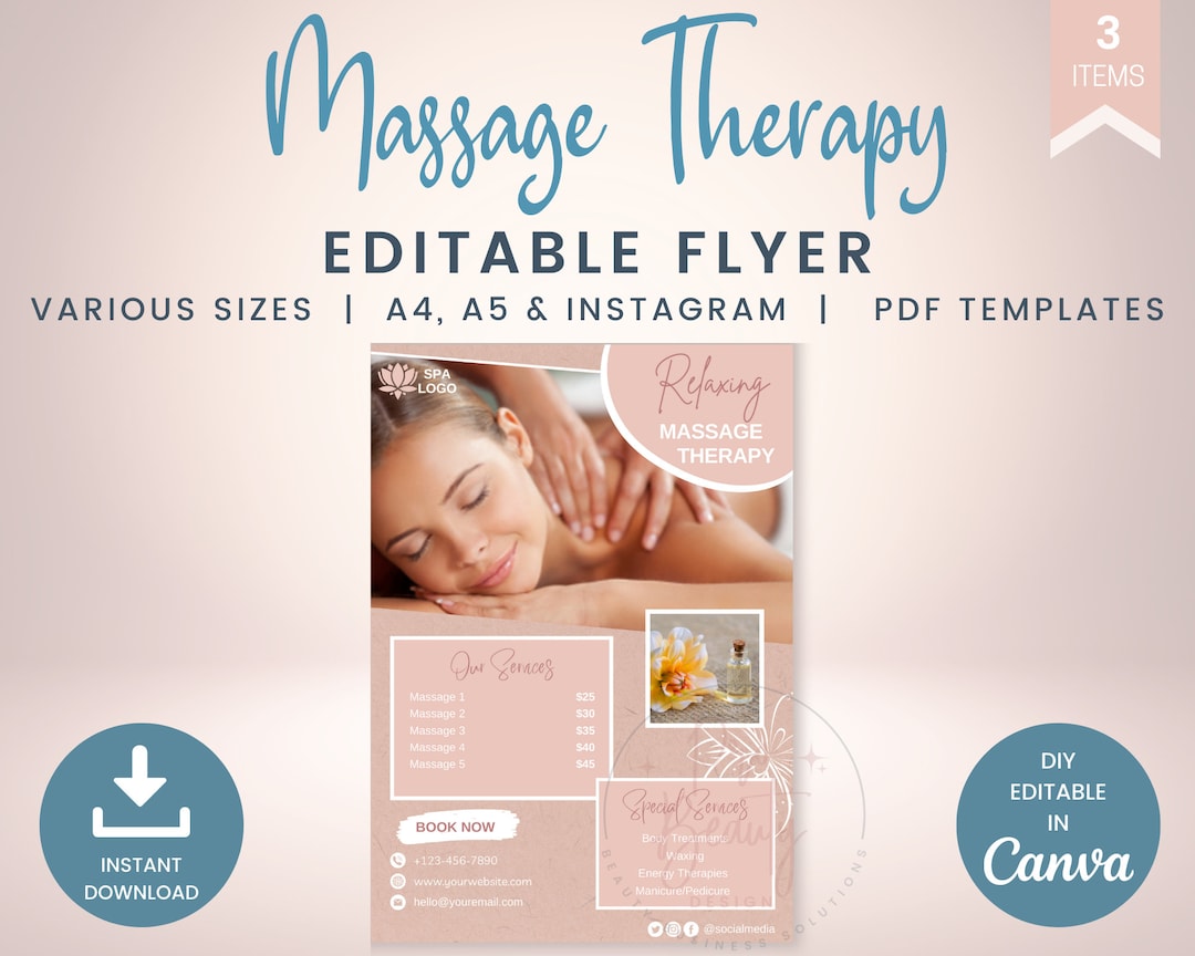 Editable Massage Therapy Flyer Pack, Printable Massage Flyers A4 and A5 ...