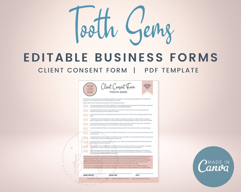 Editable Tooth Gem Consent Form Tooth Jewel Application Form - Etsy Canada