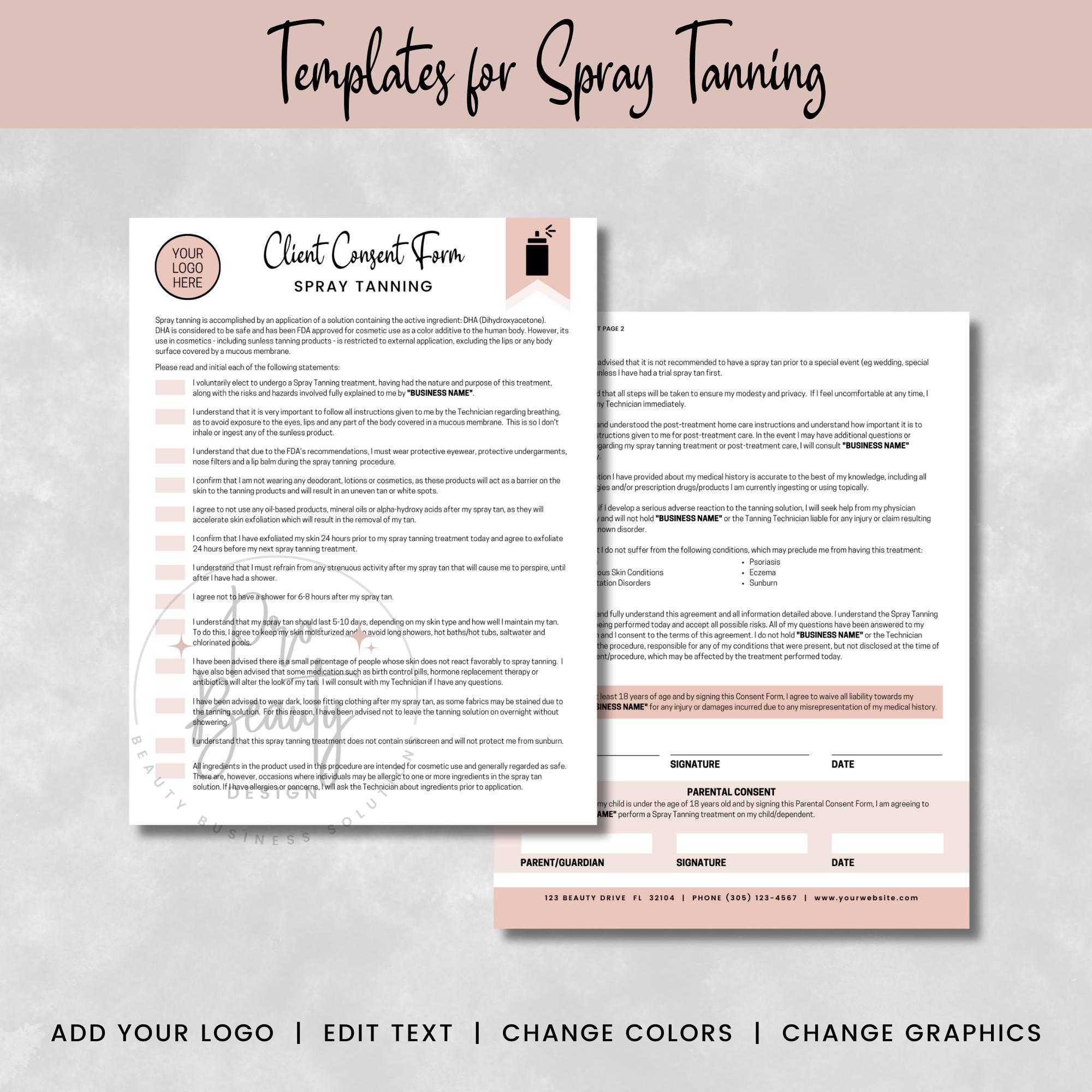 Editable Spray Tanning Client Consent Form, Spray Tanning Liability ...