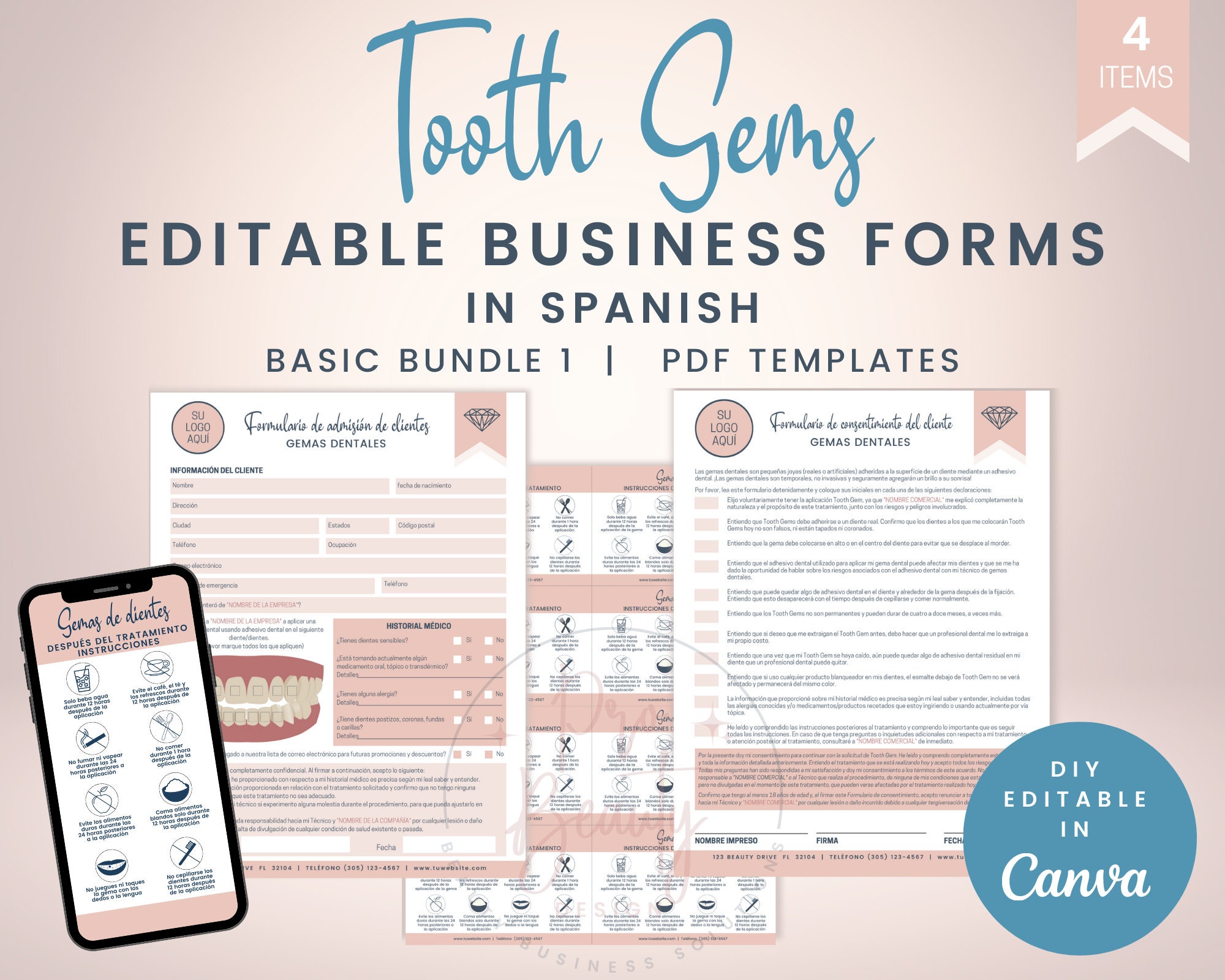 SPANISH Tooth Gem Business Forms, Tooth Jewel Intake and Client Consent ...