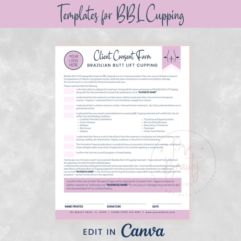 Brazilian Butt Lift Cupping Consent Form & Liability Waiver, Editable ...