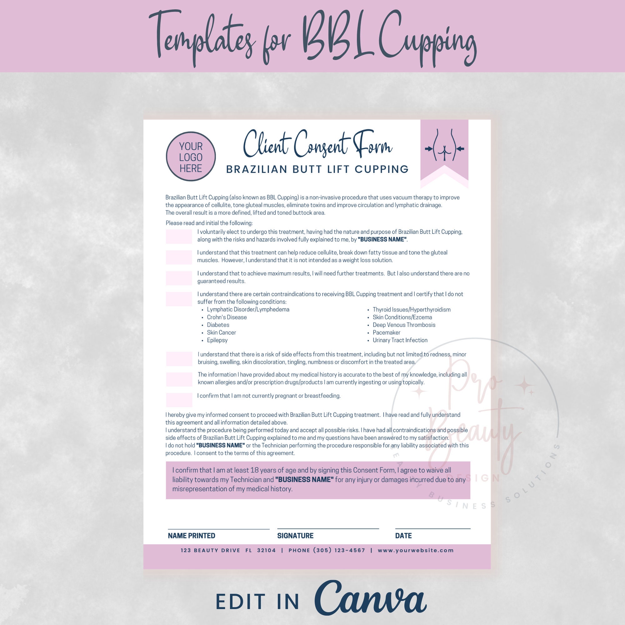 Brazilian Butt Lift Cupping Consent Form & Liability Waiver, Editable ...