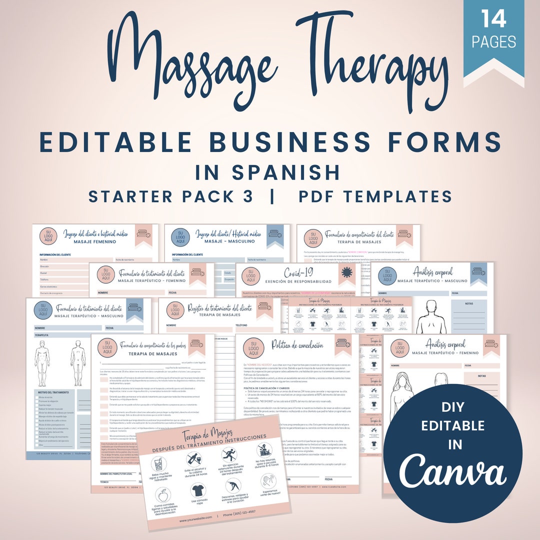 SPANISH Massage Therapy Business Forms for Estheticians, Editable ...