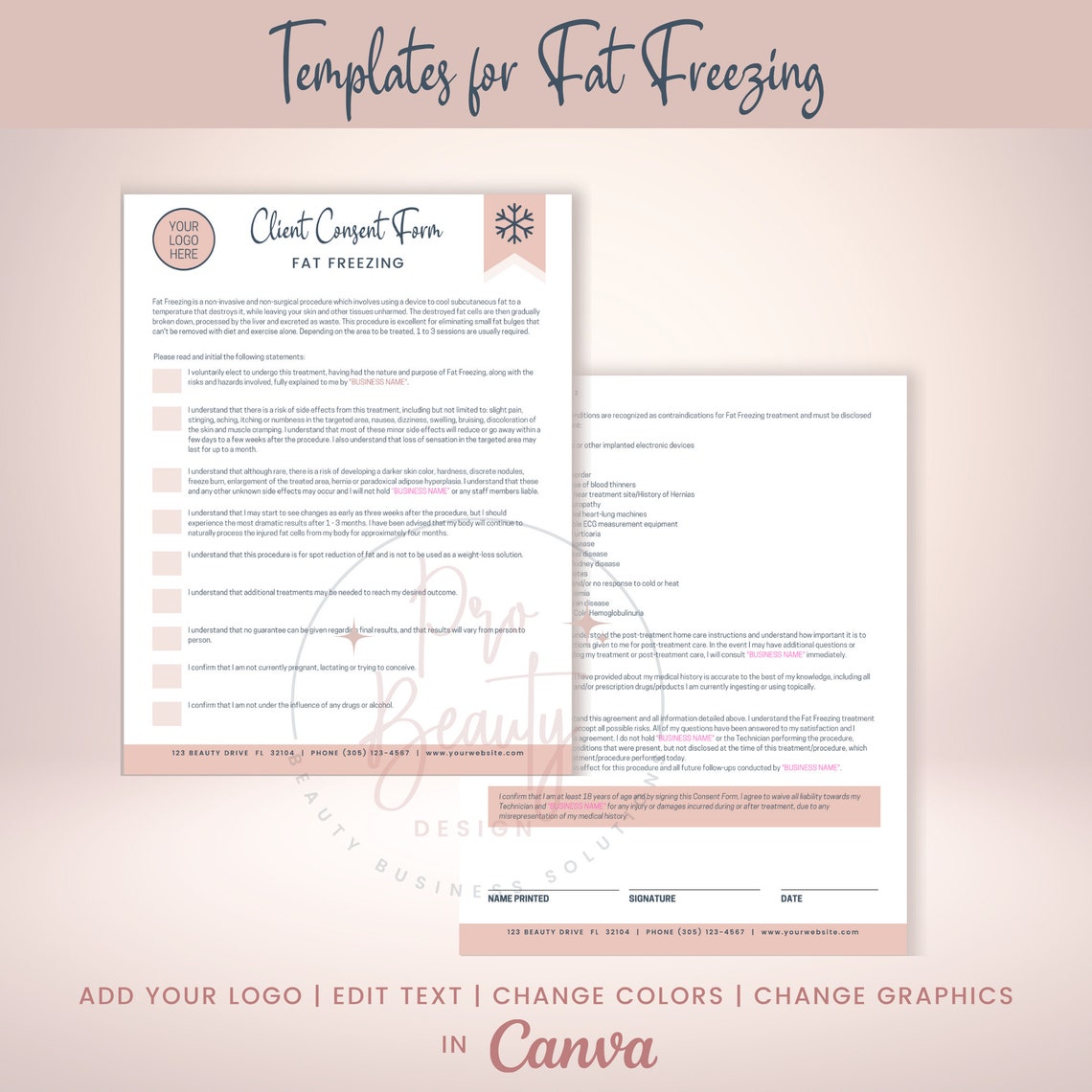 Fat Freezing Consent Form & Liability Waiver, Editable Cryotherapy Body ...