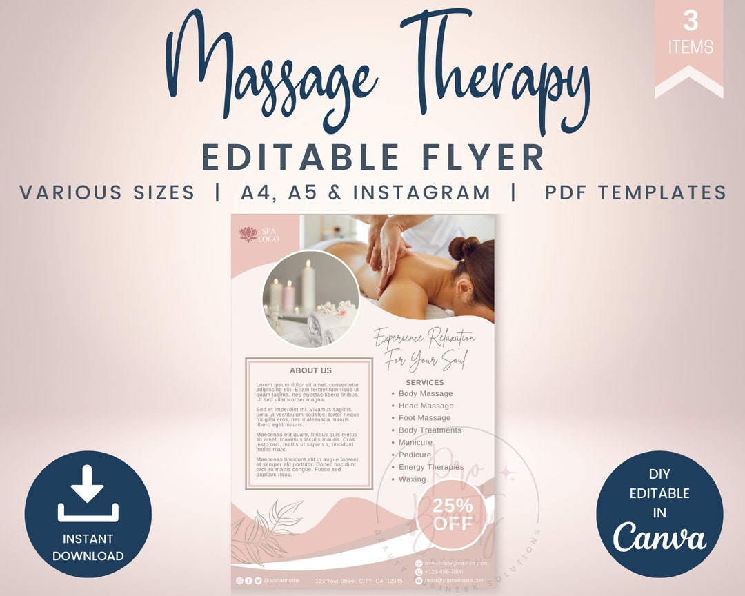 Editable Massage Therapy Flyer Pack, Printable Massage Flyers A4 and A5 ...